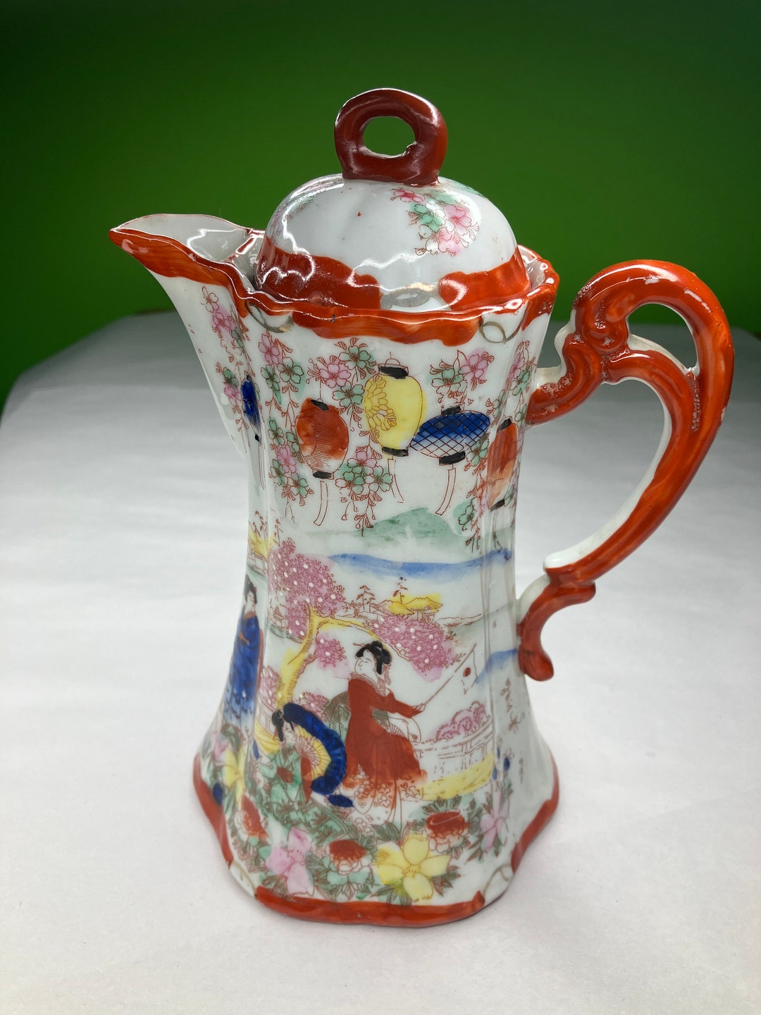 Vintage Fine Porcelain Hot Chocolate Pitcher Geisha Style Hand Painted ...
