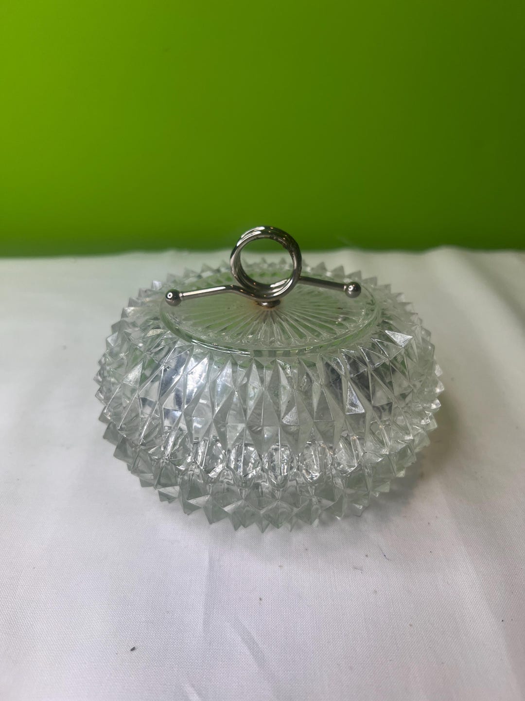 Vintage Indiana Glass Cut Crystal Sawtooth Pattern Candy Dish W/metal ...
