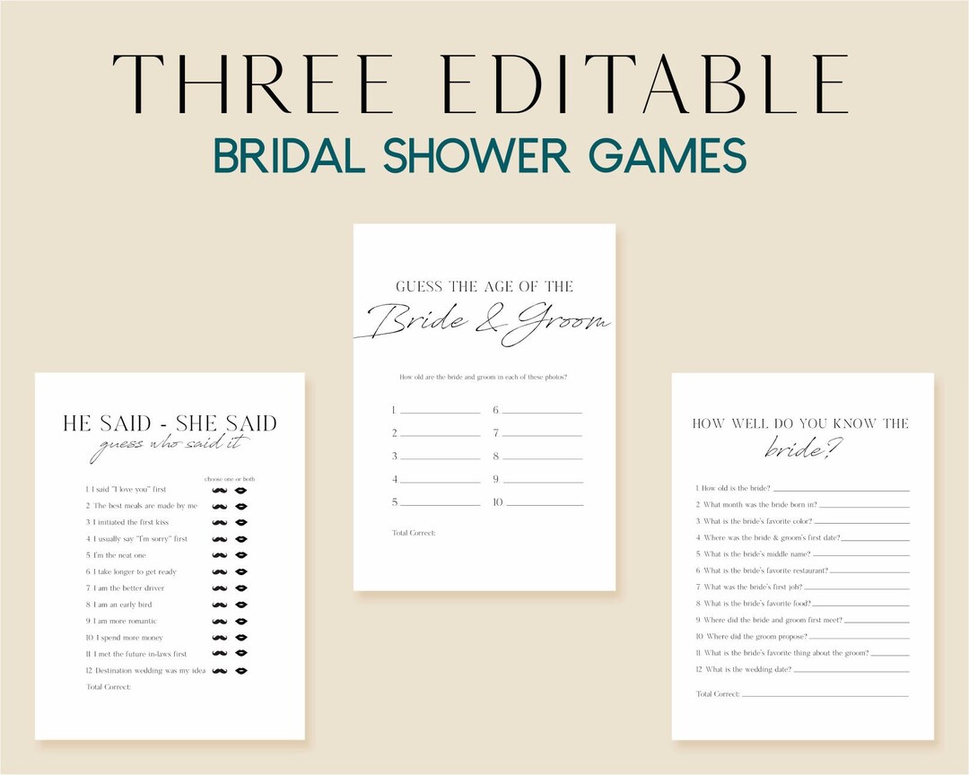 3 Simple Bridal Shower GAMES, DOWNLOADABLE & EDITABLE, Wedding Bridal ...