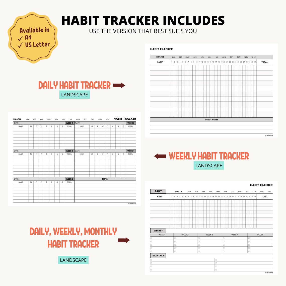 Habit Tracker, Habit Tracker Printable, Daily Weekly Monthly Habit ...