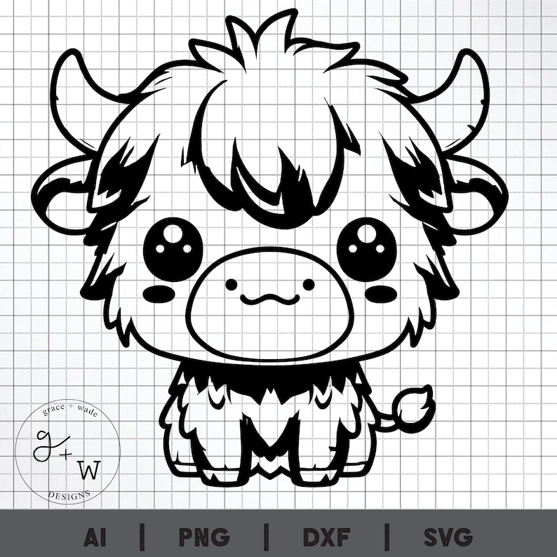 Cute Kawaii Highland Cow Sitting Silhouette | Fuzzy Highland Cow | Baby ...