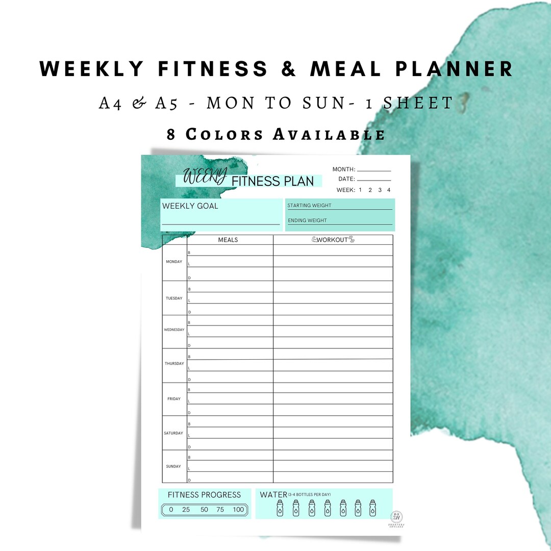 PRINTABLE Weekly MEAL & FITNESS Planner Green Weekly Fitness Planner ...