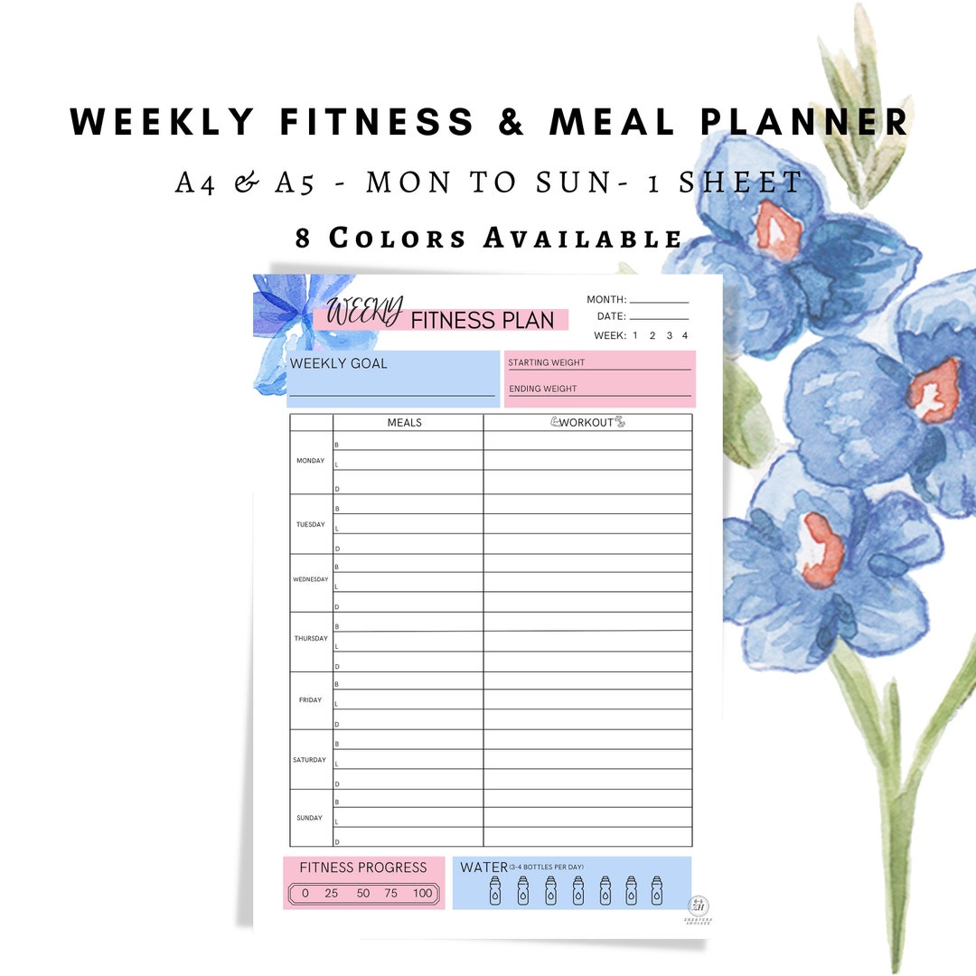PRINTABLE Weekly MEAL & FITNESS Planner Blue-pink Flower - Etsy