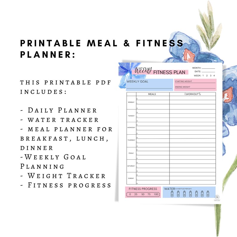 PRINTABLE Weekly MEAL & FITNESS Planner Blue-pink Flower - Etsy