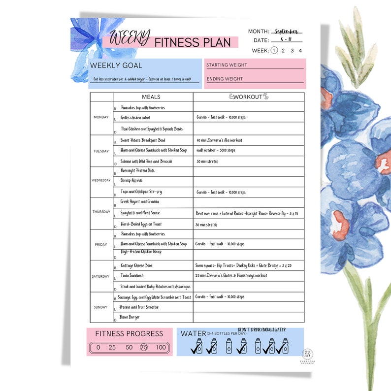 PRINTABLE Weekly MEAL & FITNESS Planner Blue-pink Flower - Etsy