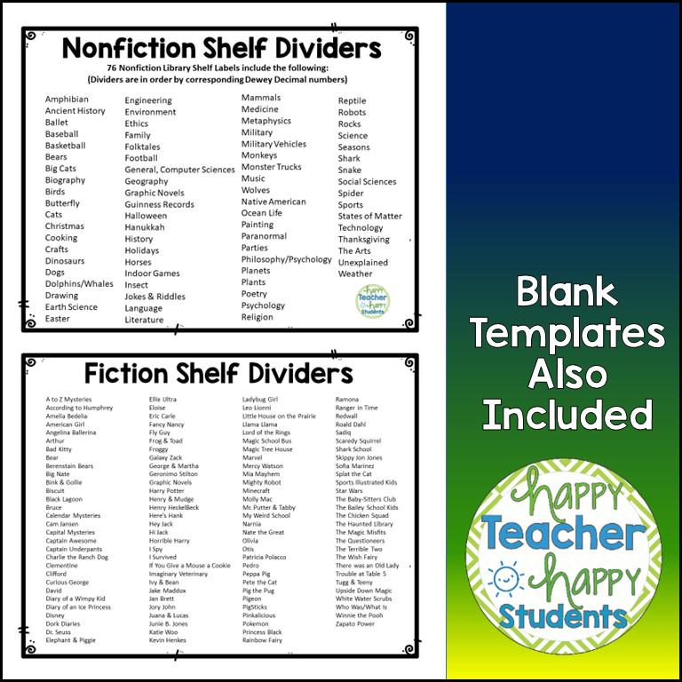 Nonfiction AND Fiction Library Shelf Dividers, Classroom Library Shelf ...