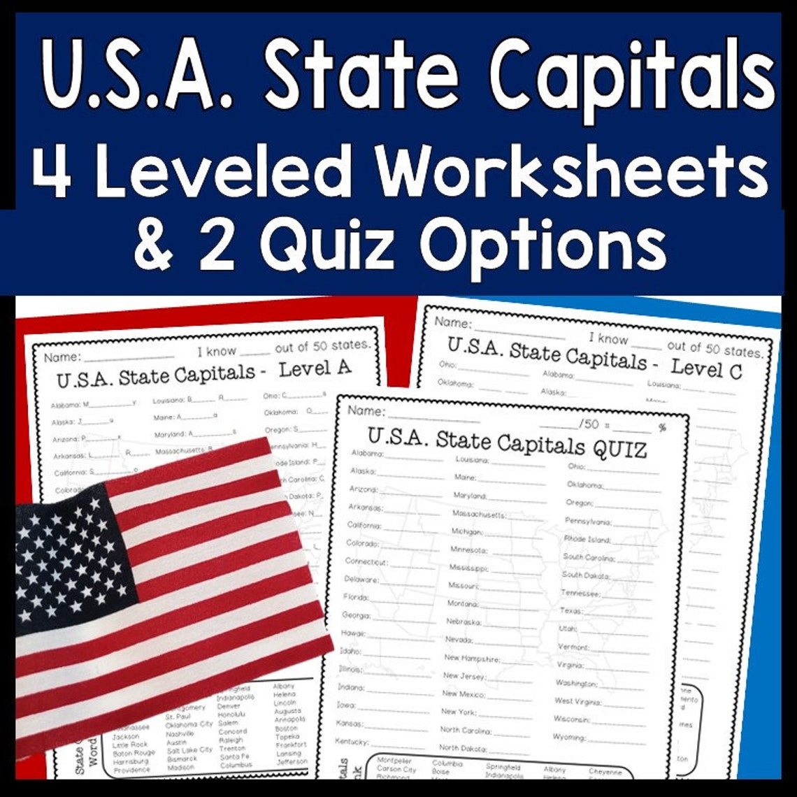 State Capitals 4 Worksheets & 2 Quizzes USA States and Capitals ...
