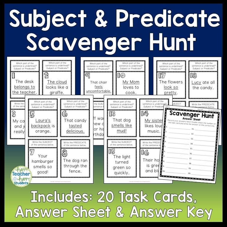 Subject & Predicate Scavenger Hunt: 20 Task Cards (digital Download) - Etsy