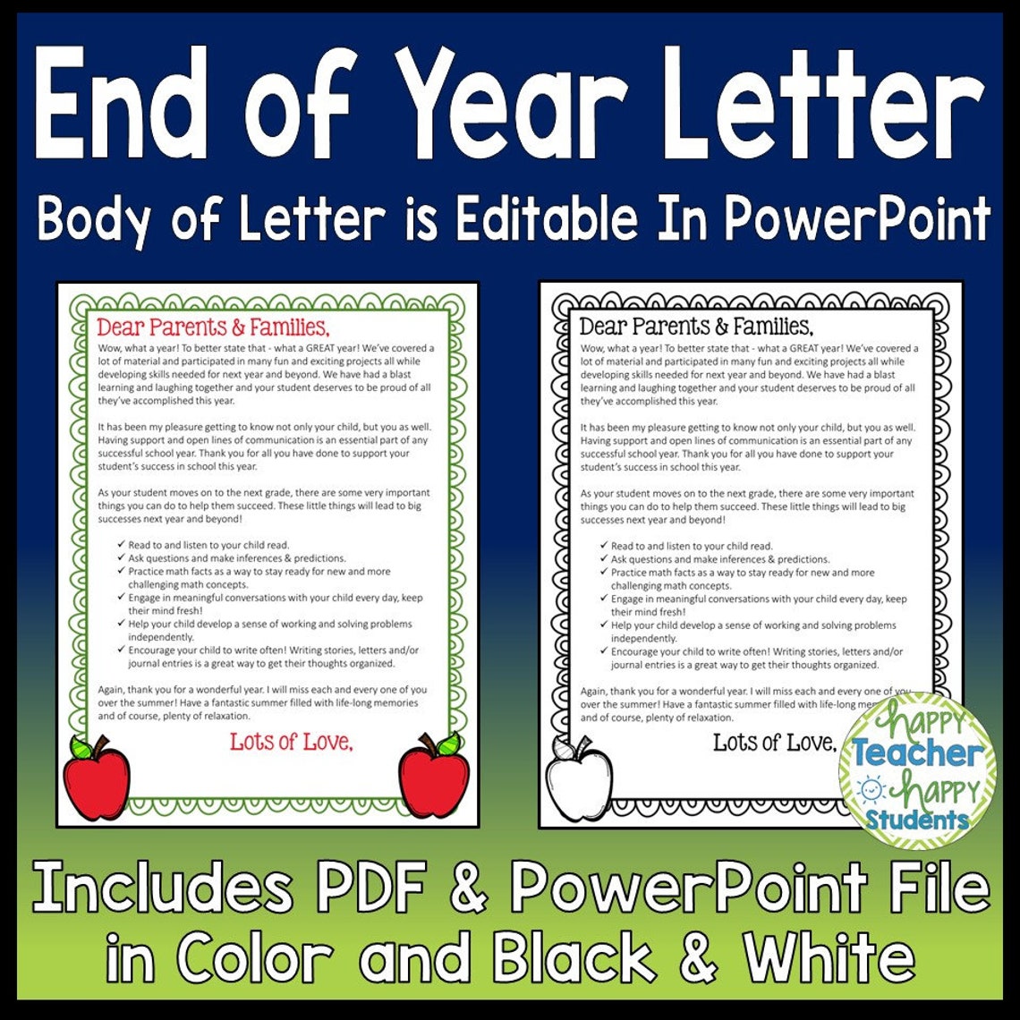 EDITABLE End of Year Letter to Students and Parents (color & Black ...
