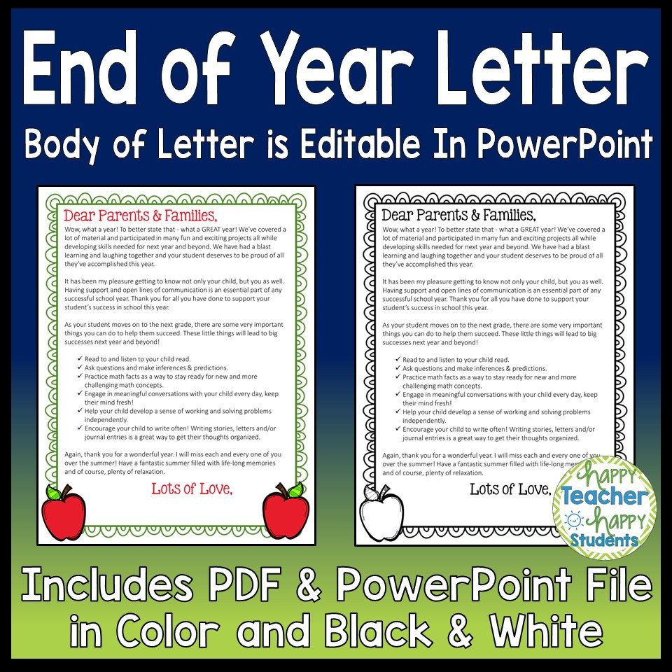 EDITABLE End of Year Letter to Students and Parents (color & Black ...