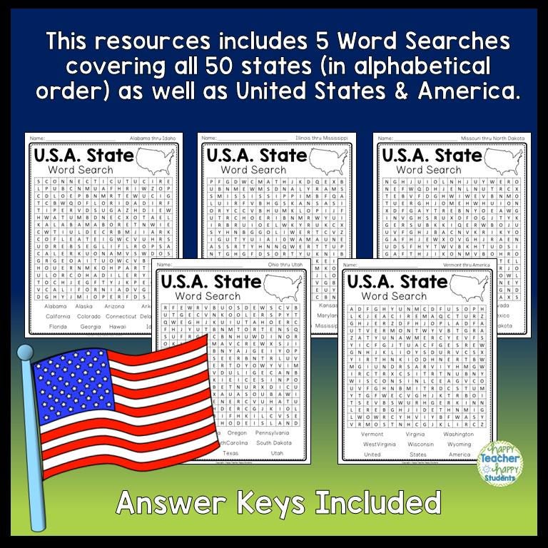 U.S.A State Word Search | 50 States Word Search | 5 US State Word ...