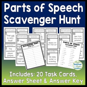 Parts of Speech Scavenger Hunt Activity, 20 Noun, Verb and Adjective ...