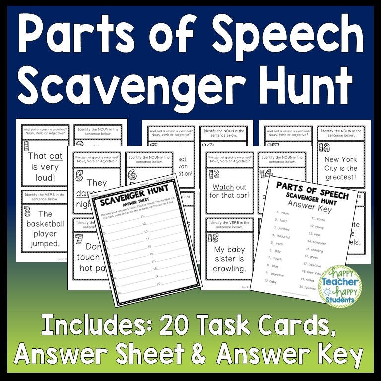 Parts of Speech Scavenger Hunt Activity, 20 Noun, Verb and Adjective ...