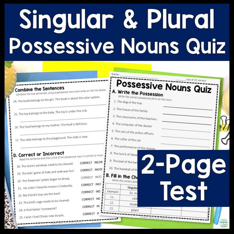 Singular and Plural Possessive Nouns Test, 2-page Possessive Nouns Quiz ...