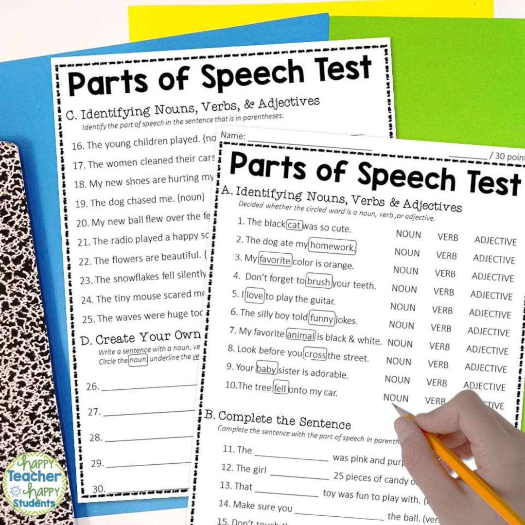 Parts of Speech Test, Identifying Nouns, Verbs & Adjectives Quiz With ...