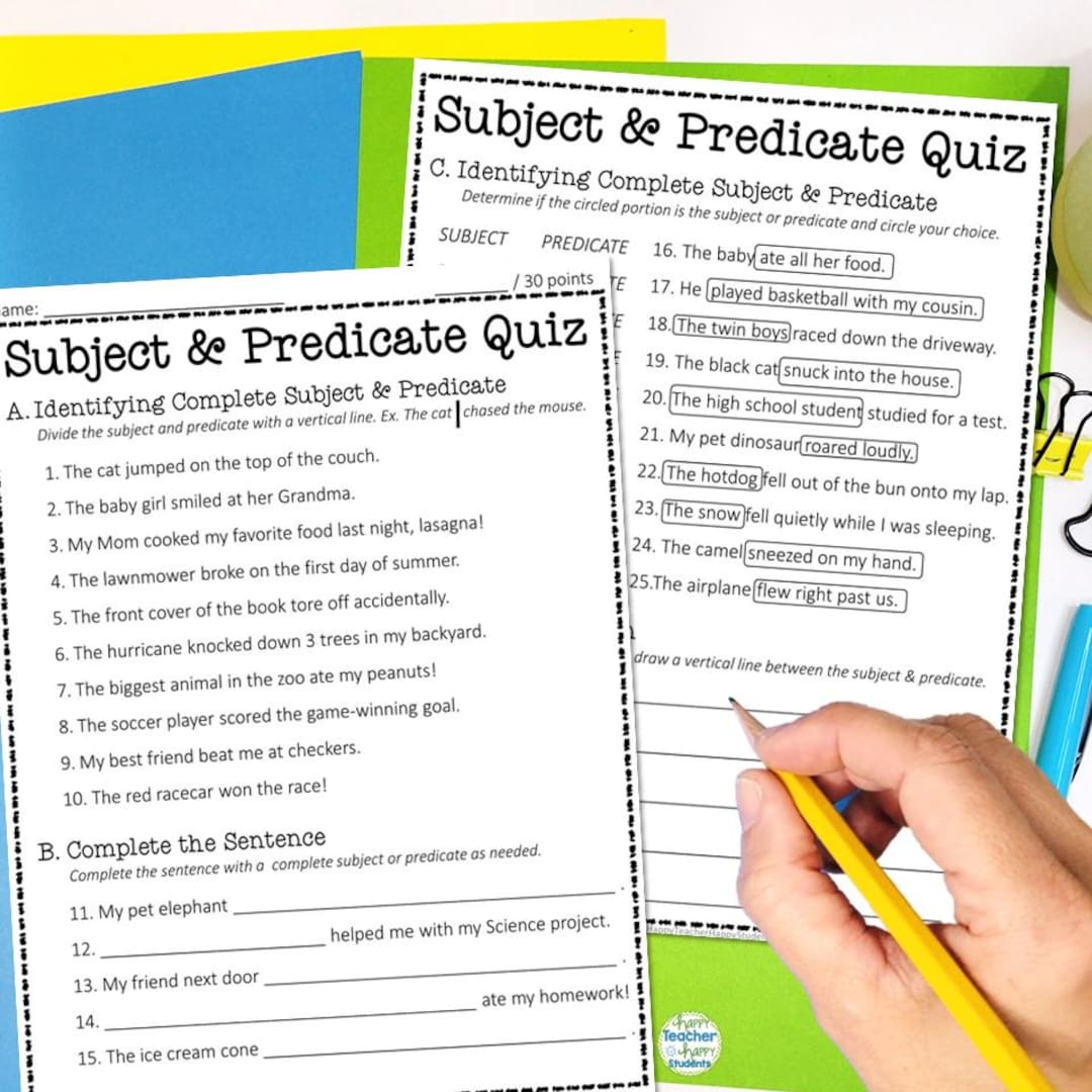 Subject and Predicate Test | 2-page Complete Subject and Complete ...