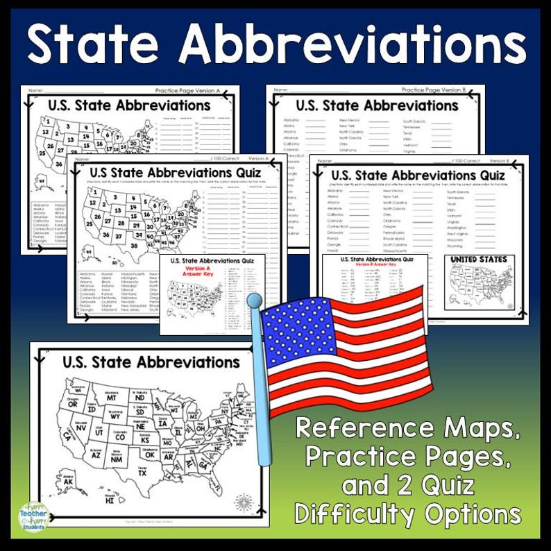 State Abbreviations: Maps, Worksheet & Quiz (test) With 2 Difficulty ...