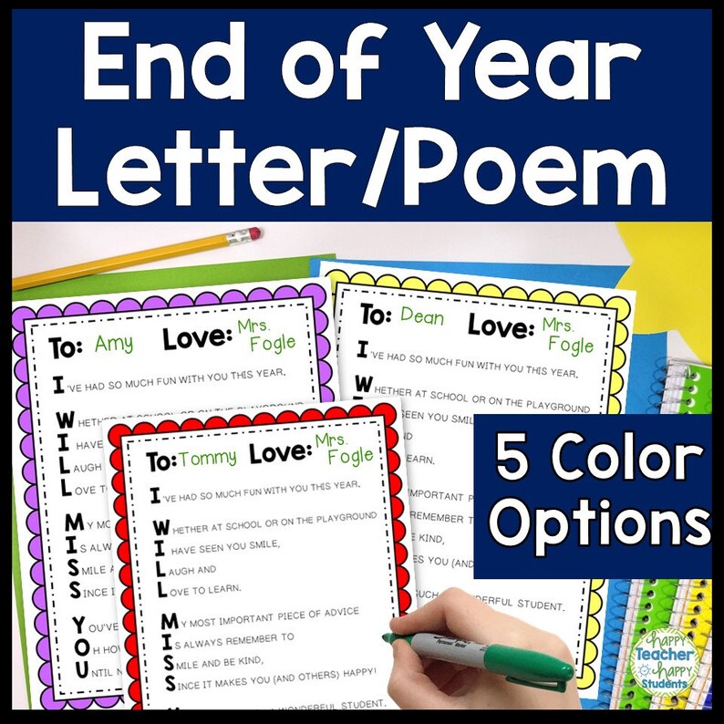 End of Year Student Poem: Acrostic Letter, 5 Color Options (digital ...