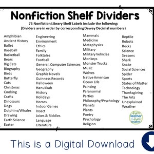 Nonfiction AND Fiction Library Shelf Dividers, Classroom Library Shelf ...