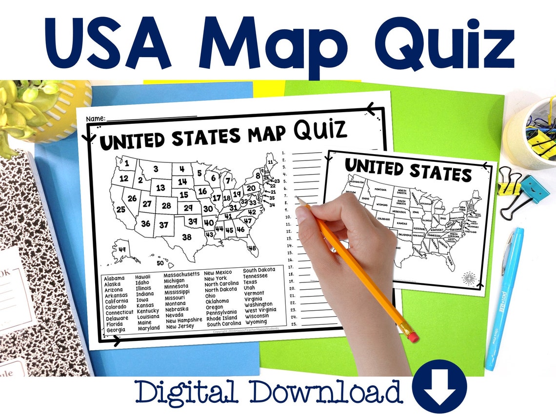 USA Map Quiz & Worksheet: 50 States Practice Sheet (digital Download ...