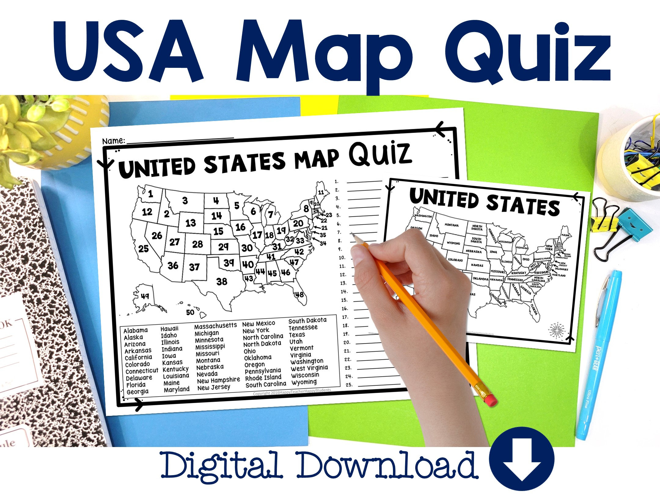 United States Map Quiz & Worksheet: USA Map Test With Practice Sheet ...
