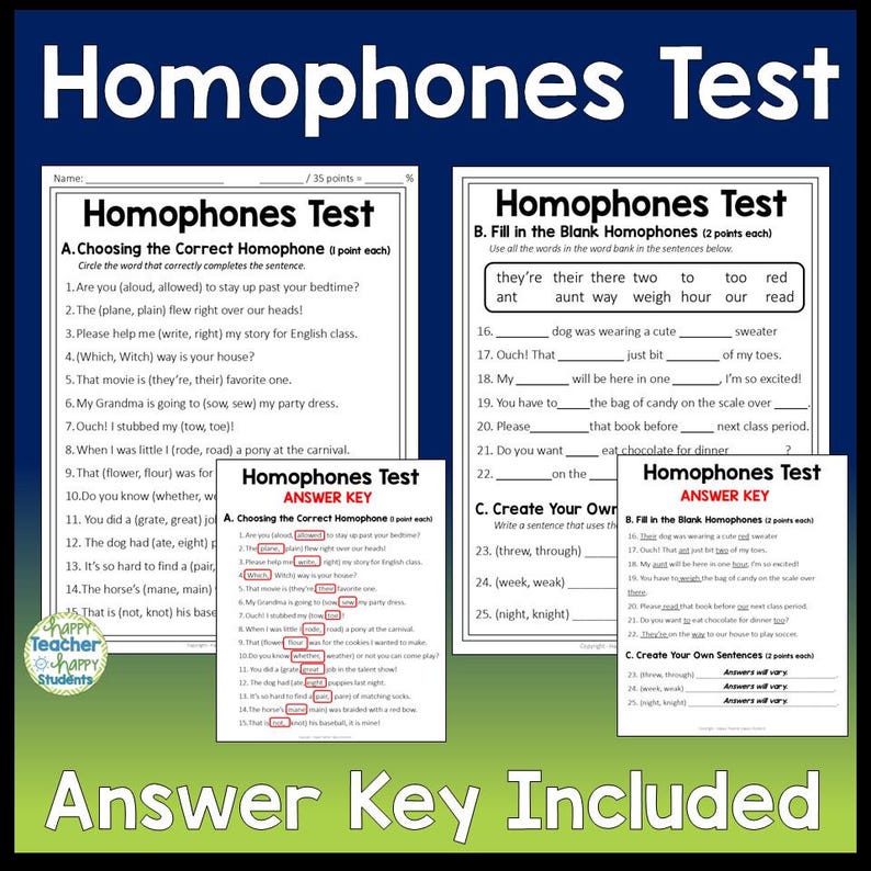 Homophones Quiz: Two-page Homophones Test With Answer Key (digital ...