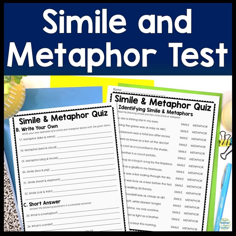 Simile and Metaphor Quiz: 2-page Figurative Language Test (digital ...