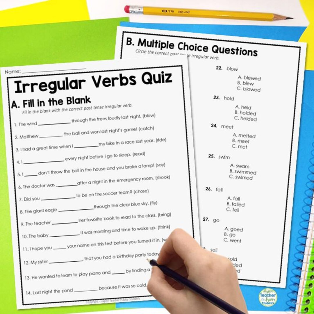 Irregular Verbs Quiz | 2-page Irregular Past Tense Verbs Test With ...