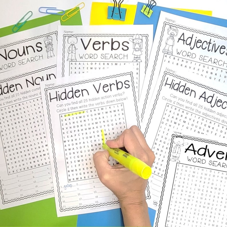 Noun, Verb, Adjective, Adverb Word Search | 8 Parts of Speech Word ...