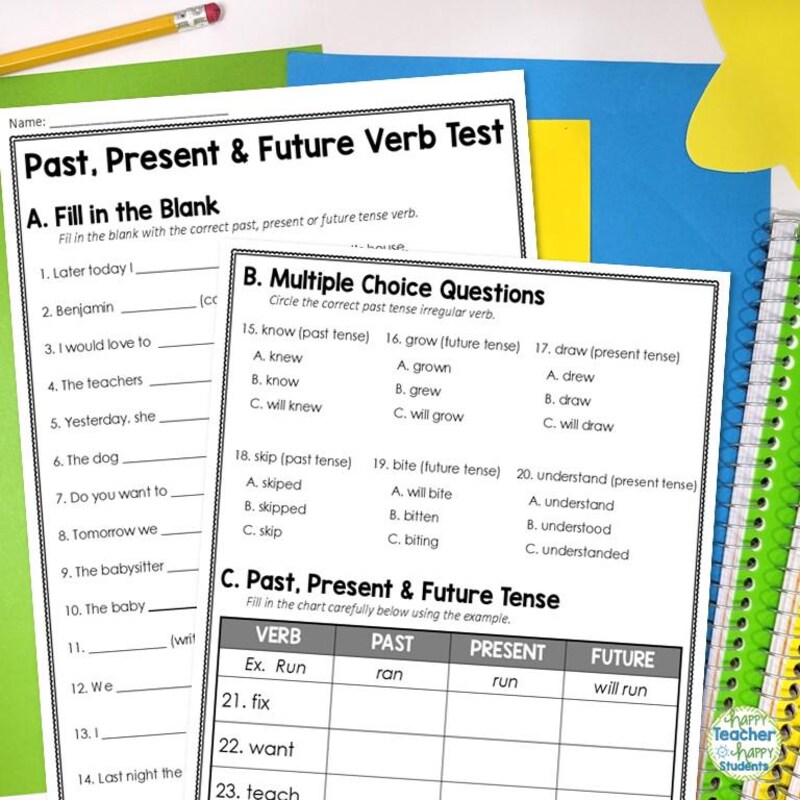 Past Future Present Verbs - Etsy