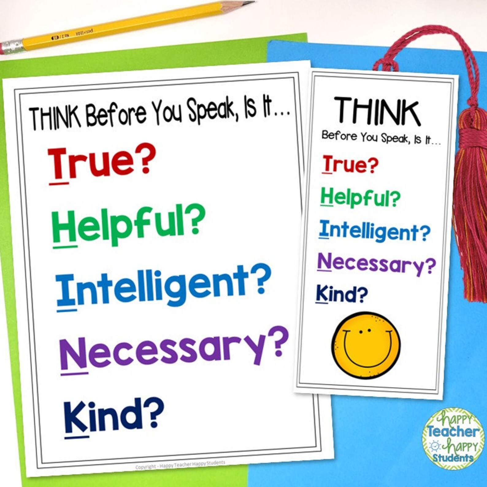 Think Before You Speak Poster & Bookmark, THINK Poster and Bookmark, Classroom Management Poster ...