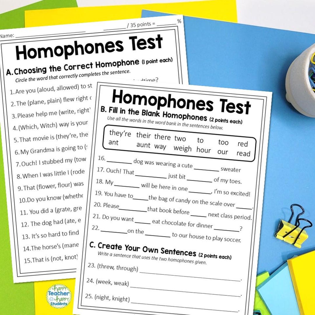 Homophones Test | Two-page Homophones Quiz With Answer Key | Homophone ...