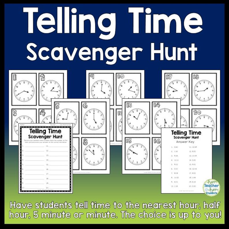 Telling Time Scavenger Hunt | 20 Telling Time Task Card | Time to the ...