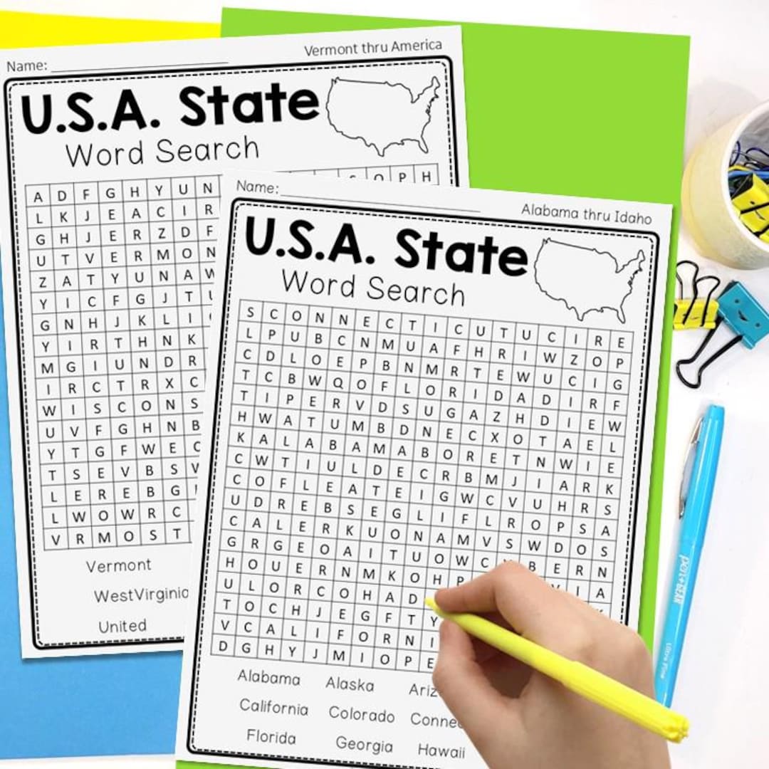 U.S.A State Word Search, 50 States Word Search, 5 US State Word ...