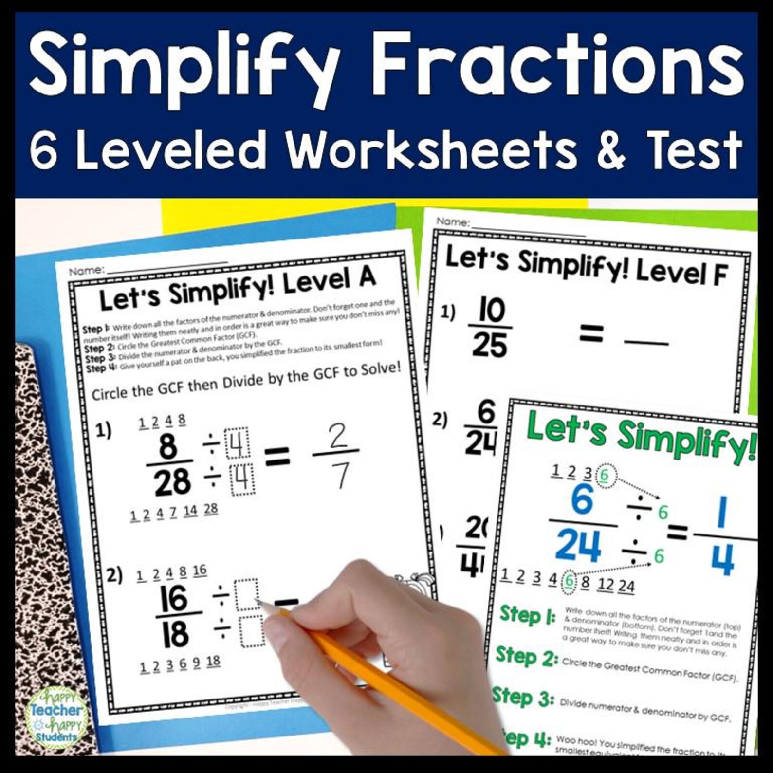 Simplifying Fractions Worksheets: Six Leveled Simplifying Fraction ...