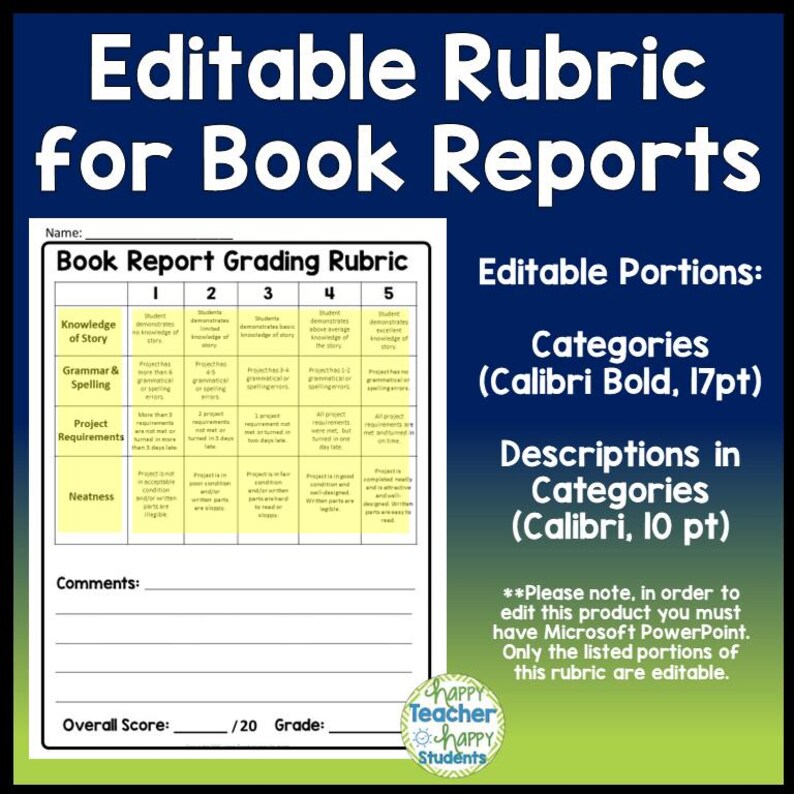 EDITABLE Book Report Rubric, Editable Rubric for Book Reports, Rubric ... EDITABLE Book Report Rubric, Editable Rubric for Book Reports, Rubric ...