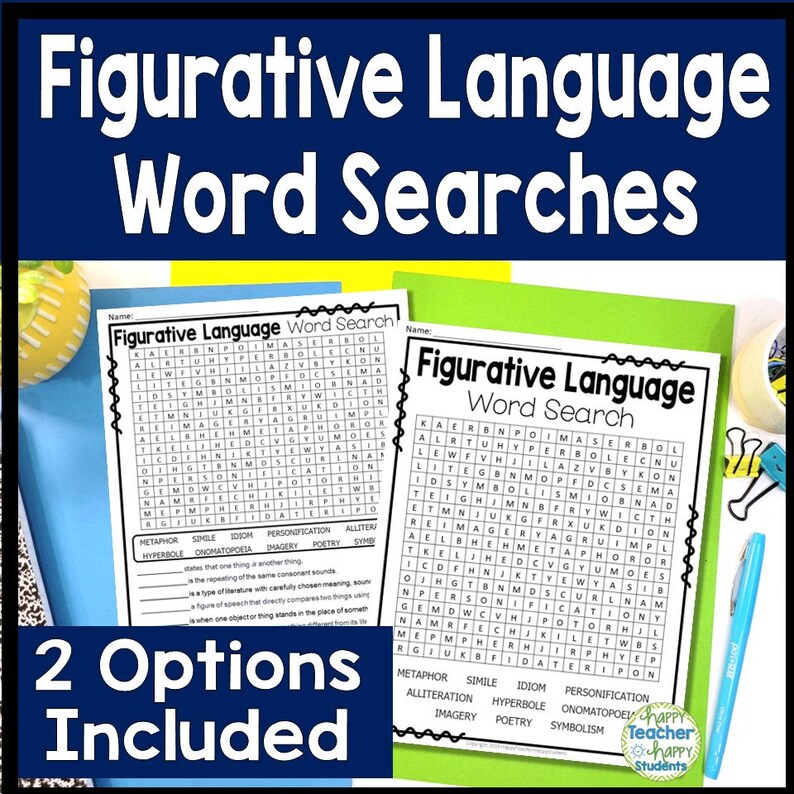 Figurative Language Word Search | 2 Difficulty Levels | Figurative ...