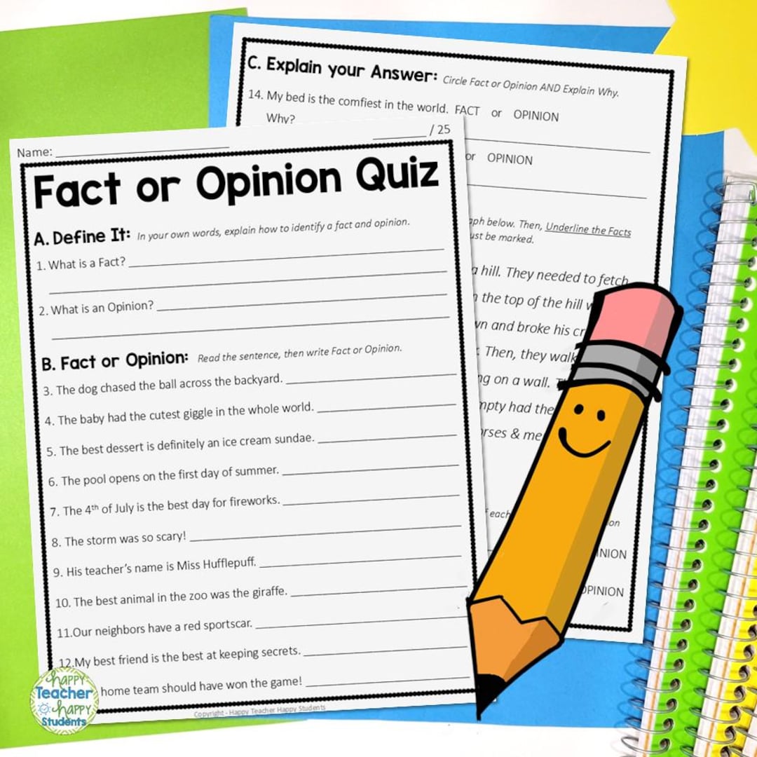 Fact and Opinion Quiz: 2-page Test With Answer Key (PDF) - Etsy