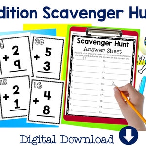 Addition Scavenger Hunt: 20 Single Digit Addition Facts Scavenger Hunt ...