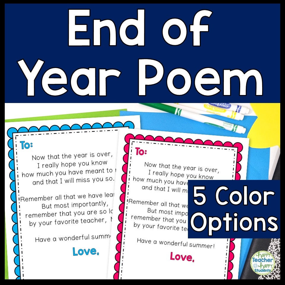 End of Year Student Letter: Teacher Poem, 5 Color Options (digital ...