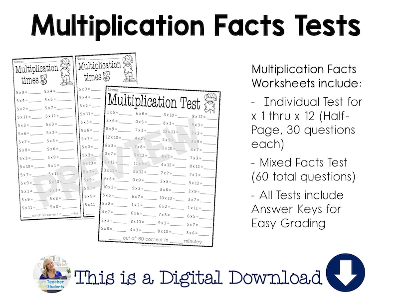 Multiplication Facts Timed Tests 1 Thru 12, Multiplication Timed Tests ...