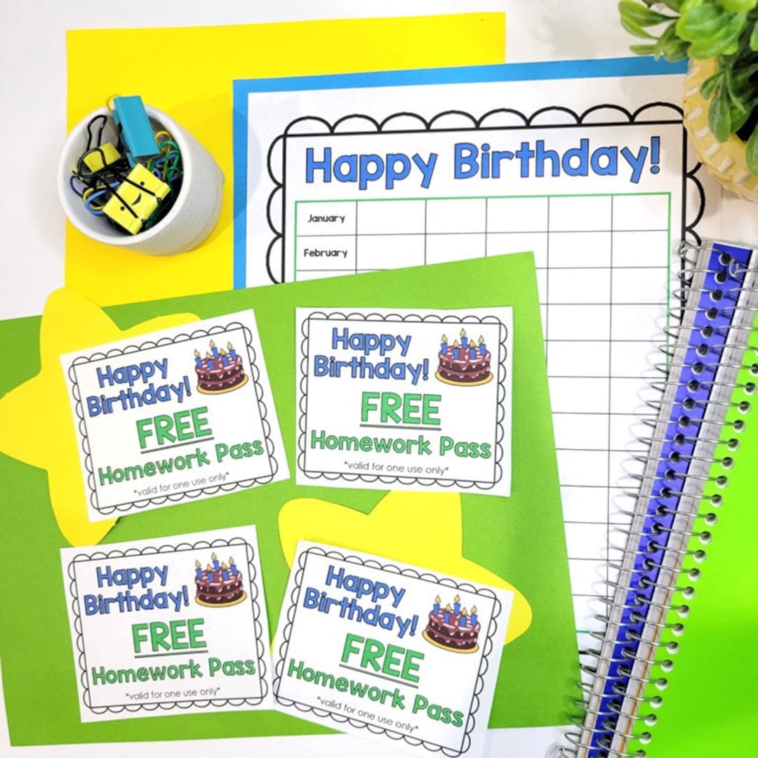 Happy Birthday Free Homework Pass | Color and B & W With Birthday Chart ...