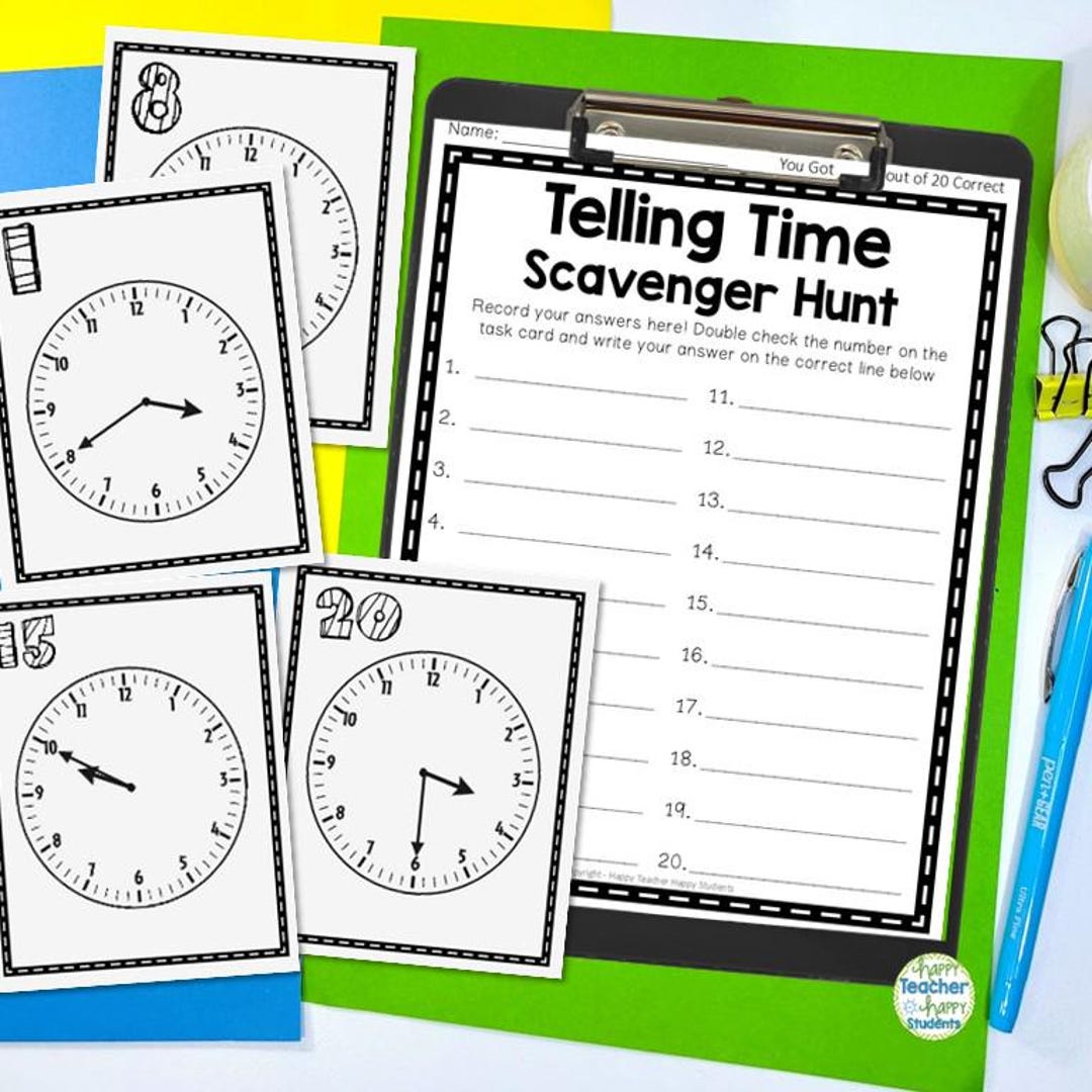 Telling Time Scavenger Hunt | 20 Telling Time Task Card | Time to the ...