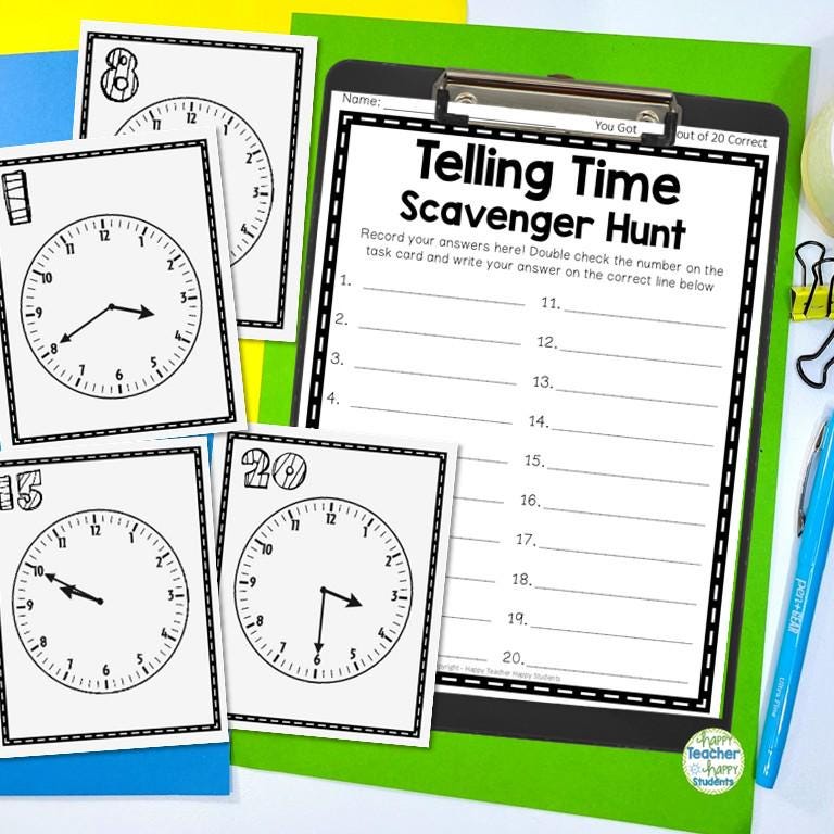 Telling Time Scavenger Hunt | 20 Telling Time Task Card | Time to the ...
