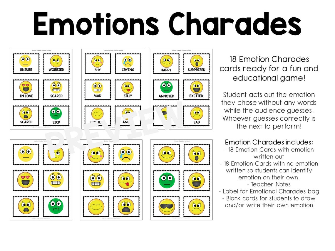 Feeling and Emotions Charade Game for Kids, Emotions Chart for Kids, 18 ...