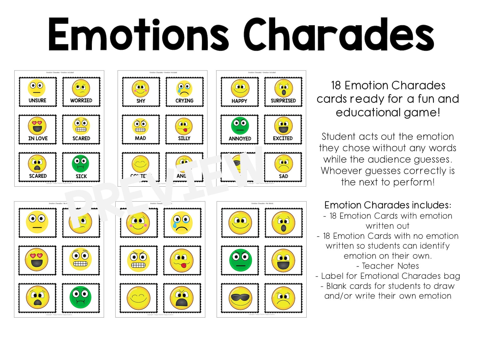 Emotions Charade Game & Chart: Social Emotional Learning Activity (PDF ...