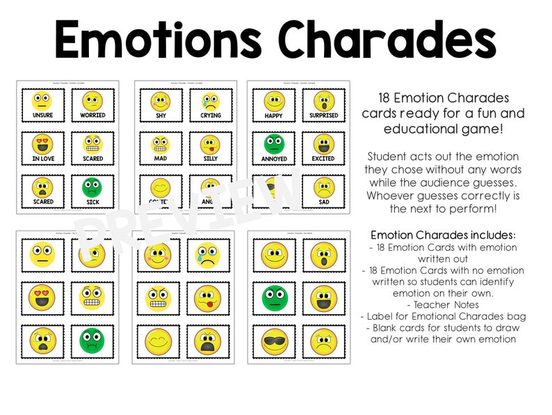 Feeling and Emotions Charade Game for Kids, Emotions Chart for Kids, 18 ...