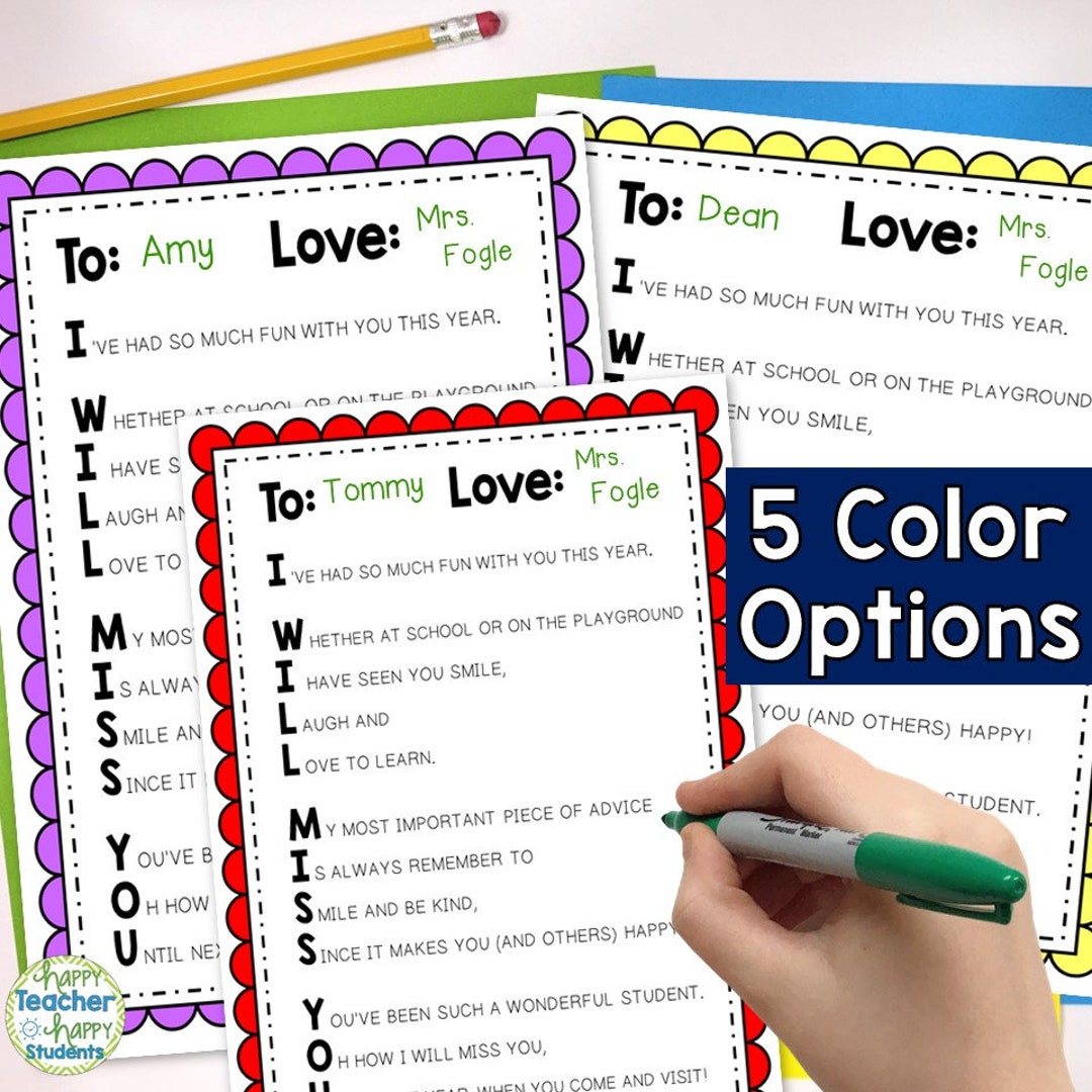 End of Year Student Poem: Acrostic Letter, 5 Color Options (digital ...