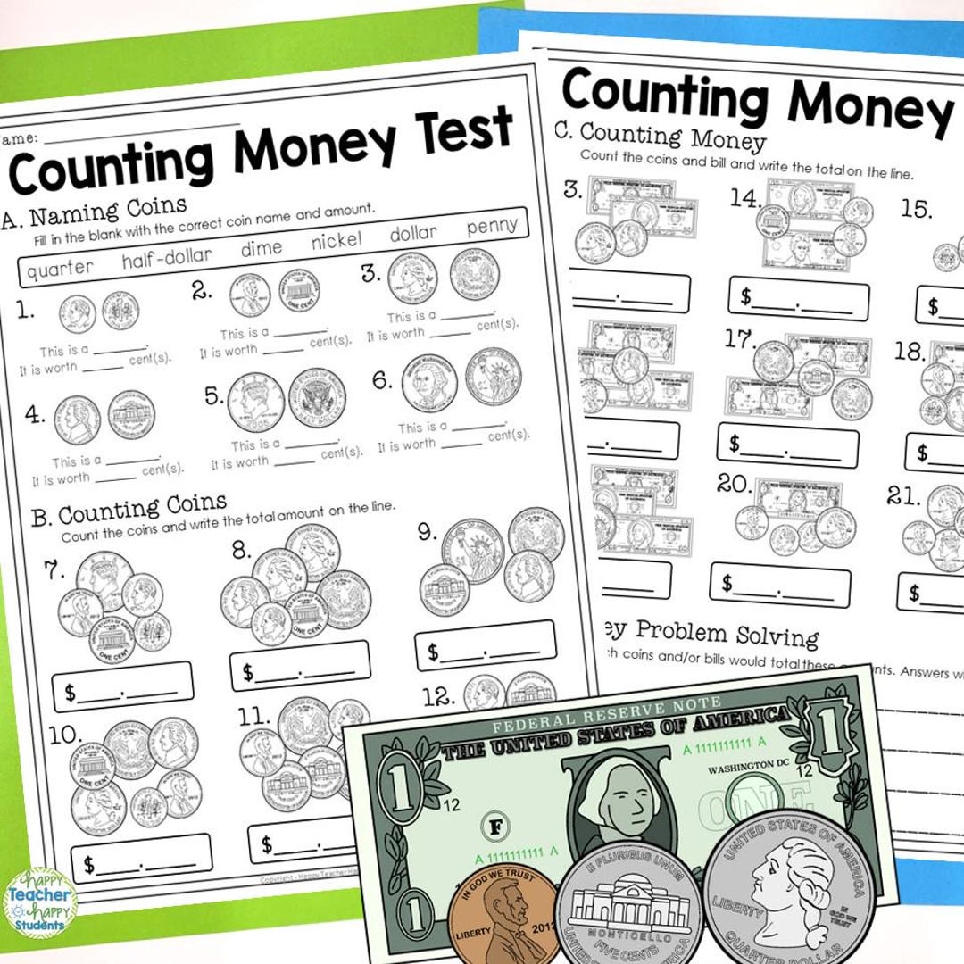 Counting Money Test, Counting Coins and Bills Quiz, 2 Pages W/ Answer ...