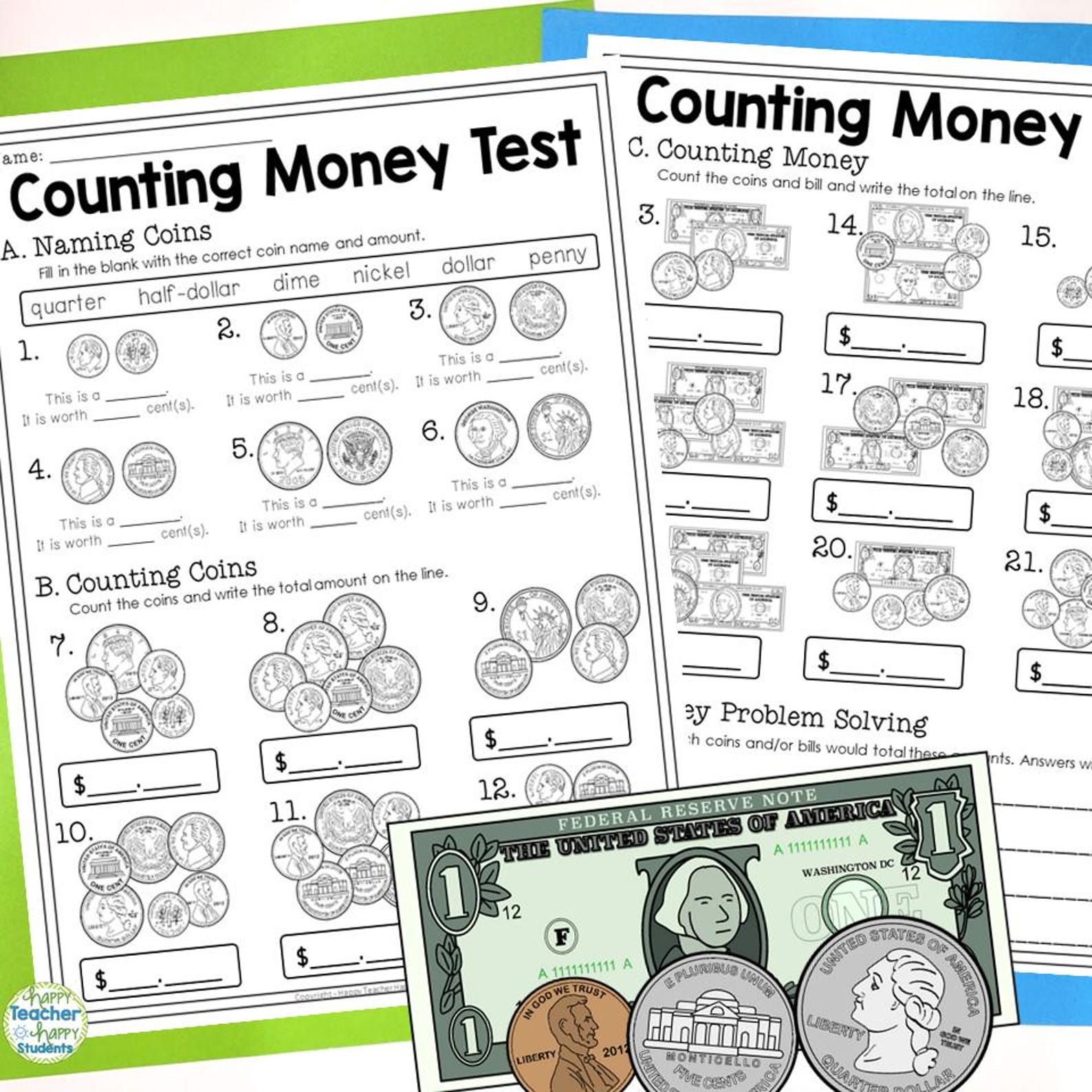 Counting Money Test, Counting Coins and Bills Quiz, 2 Pages W/ Answer ...